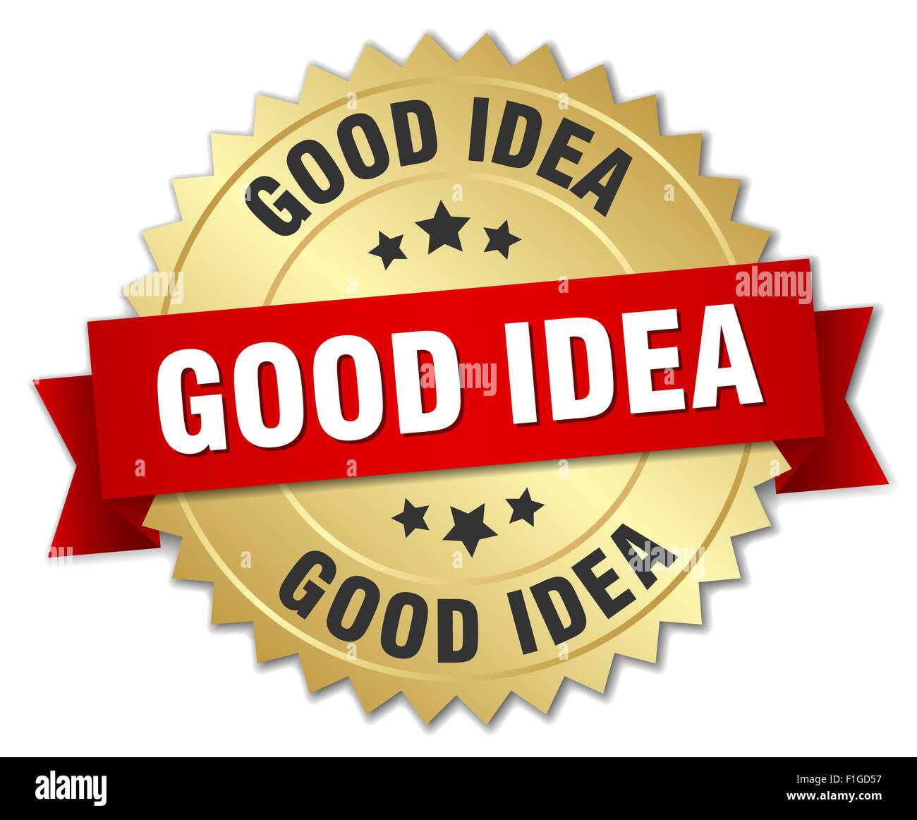 good idea 3d gold badge with red ribbon Stock Photo - Alamy