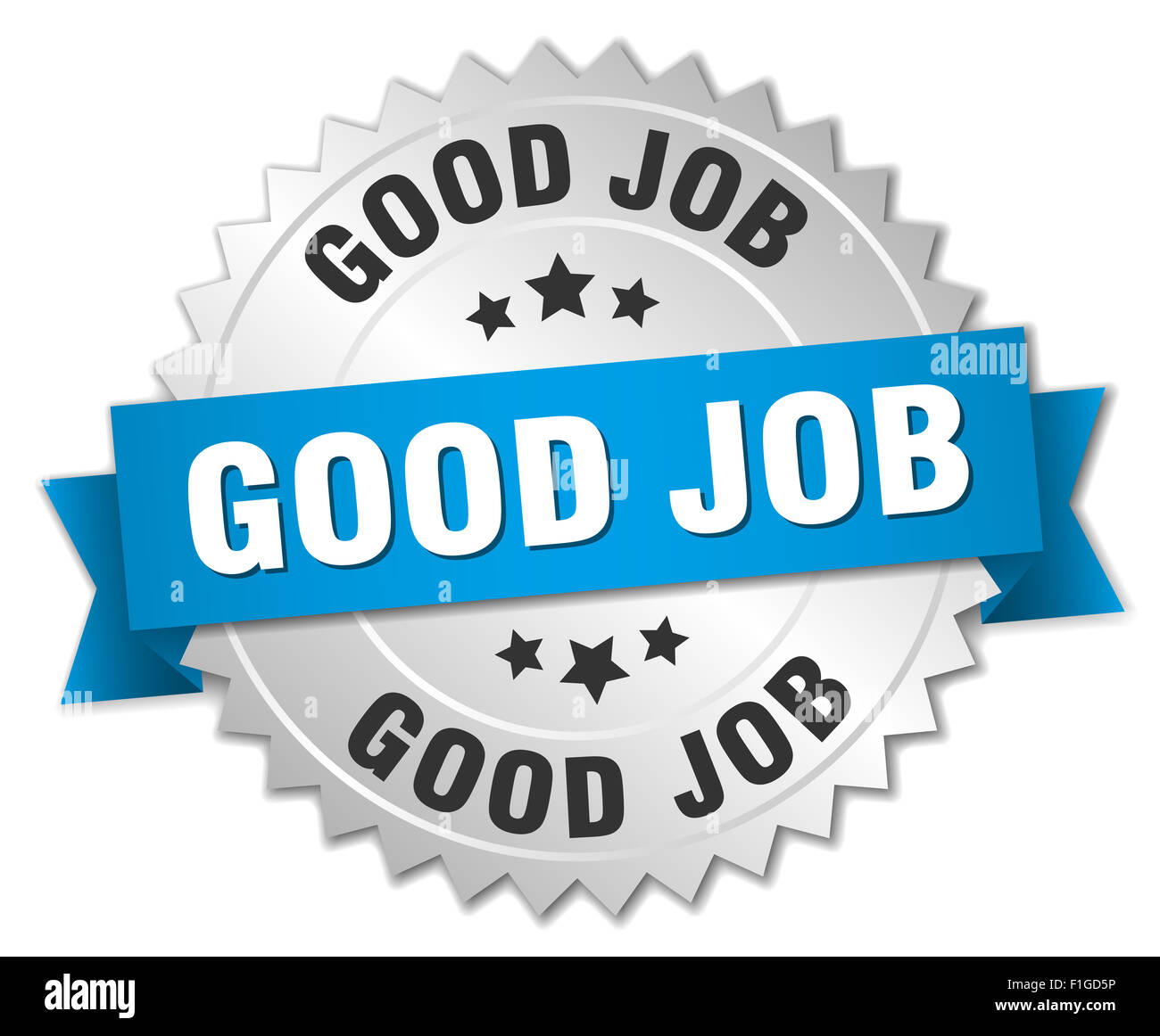 good job 3d silver badge with blue ribbon Stock Photo - Alamy