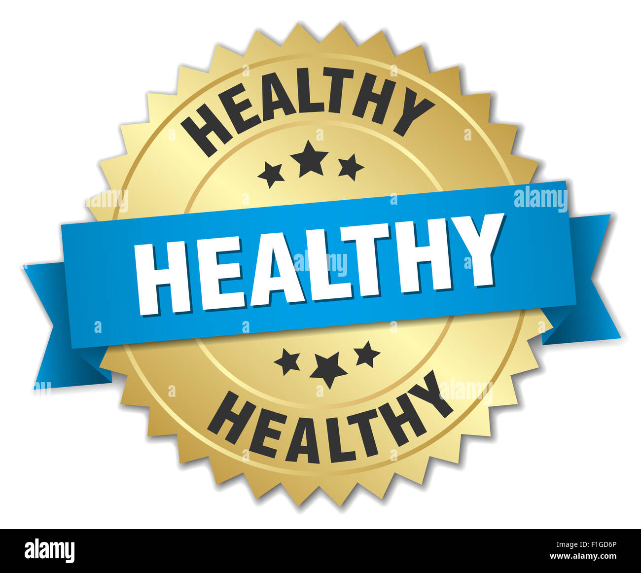 healthy 3d gold badge with blue ribbon Stock Photo - Alamy