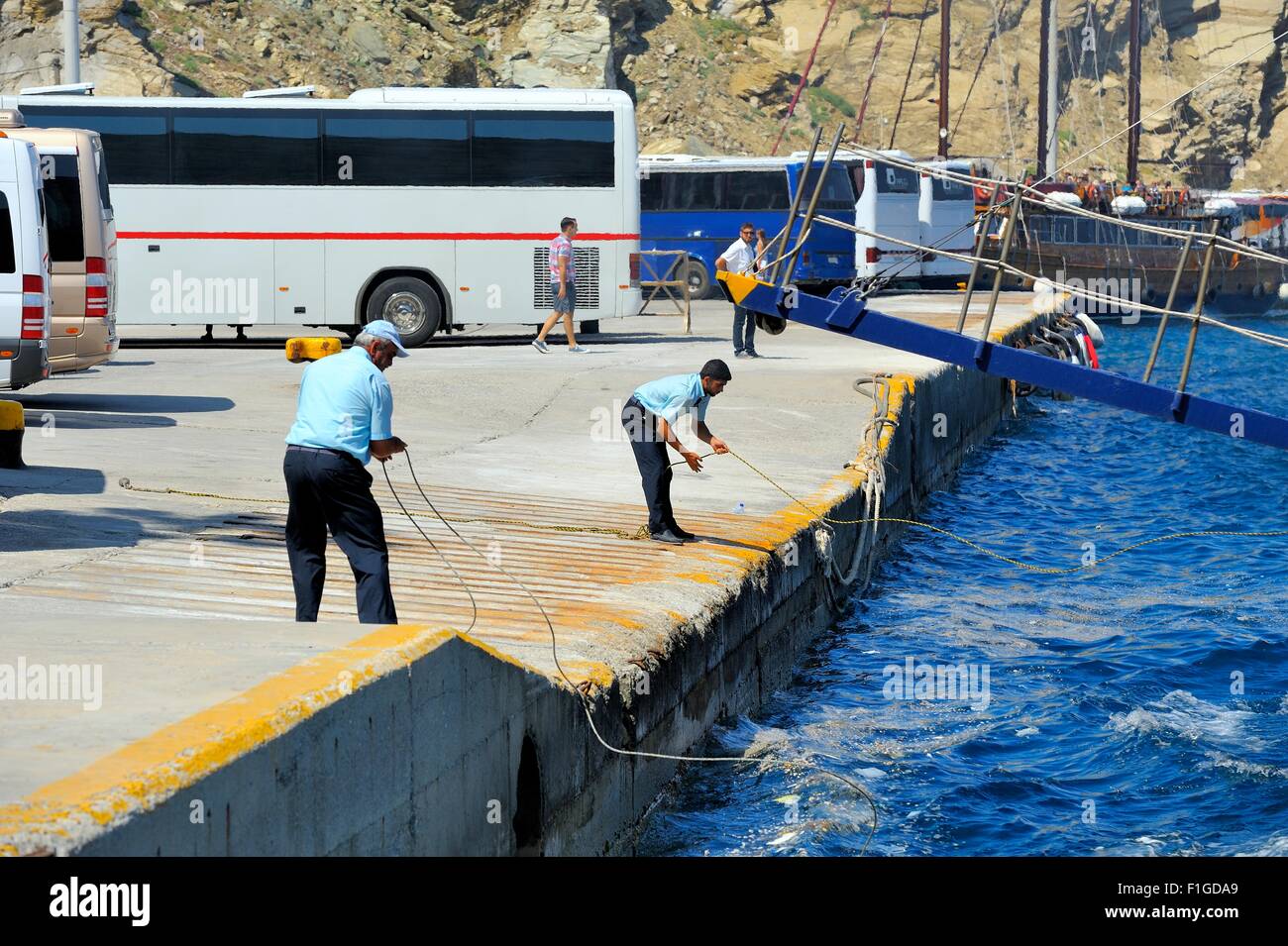 A ferry arriving in the port Ormos Athinios Santorini Greece Stock ...