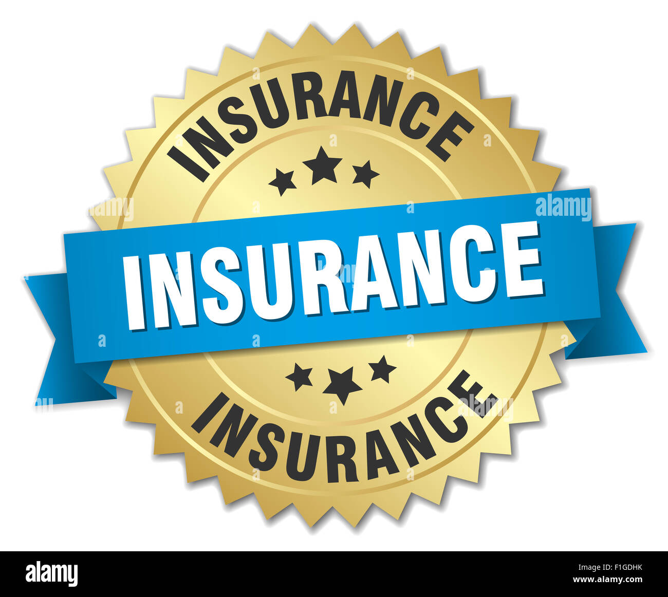insurance 3d gold badge with blue ribbon Stock Photo - Alamy