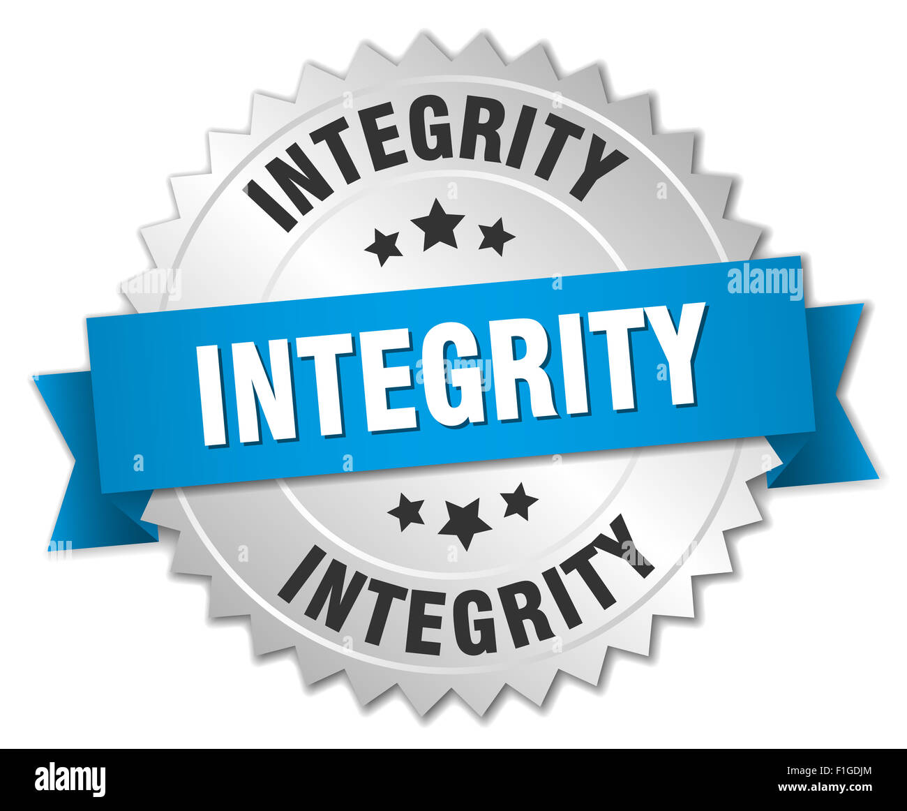 integrity 3d silver badge with blue ribbon Stock Photo - Alamy