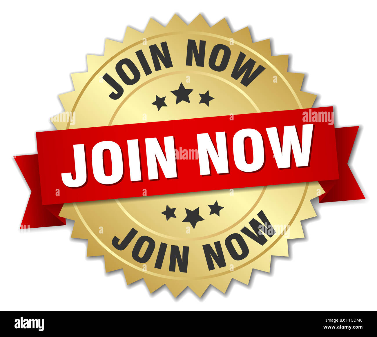join now 3d gold badge with red ribbon Stock Photo - Alamy