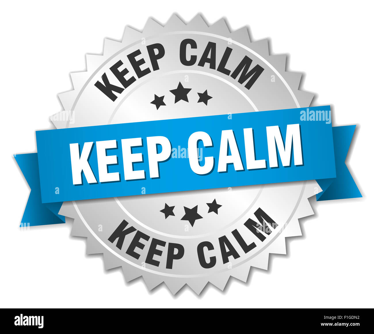 keep calm 3d silver badge with blue ribbon Stock Photo - Alamy