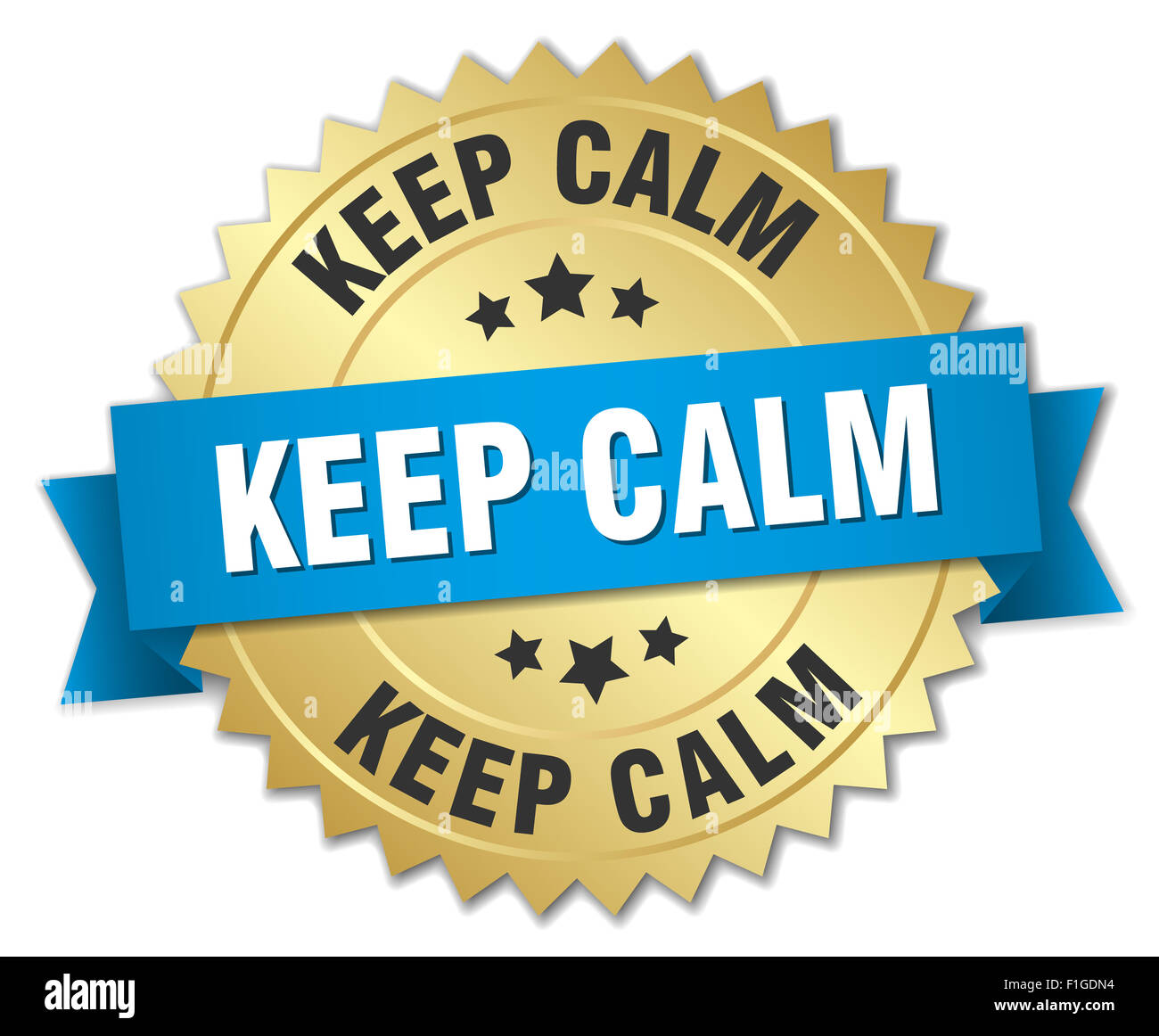 keep calm 3d gold badge with blue ribbon Stock Photo - Alamy