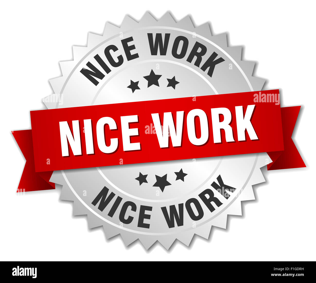 nice work 3d silver badge with red ribbon Stock Photo - Alamy