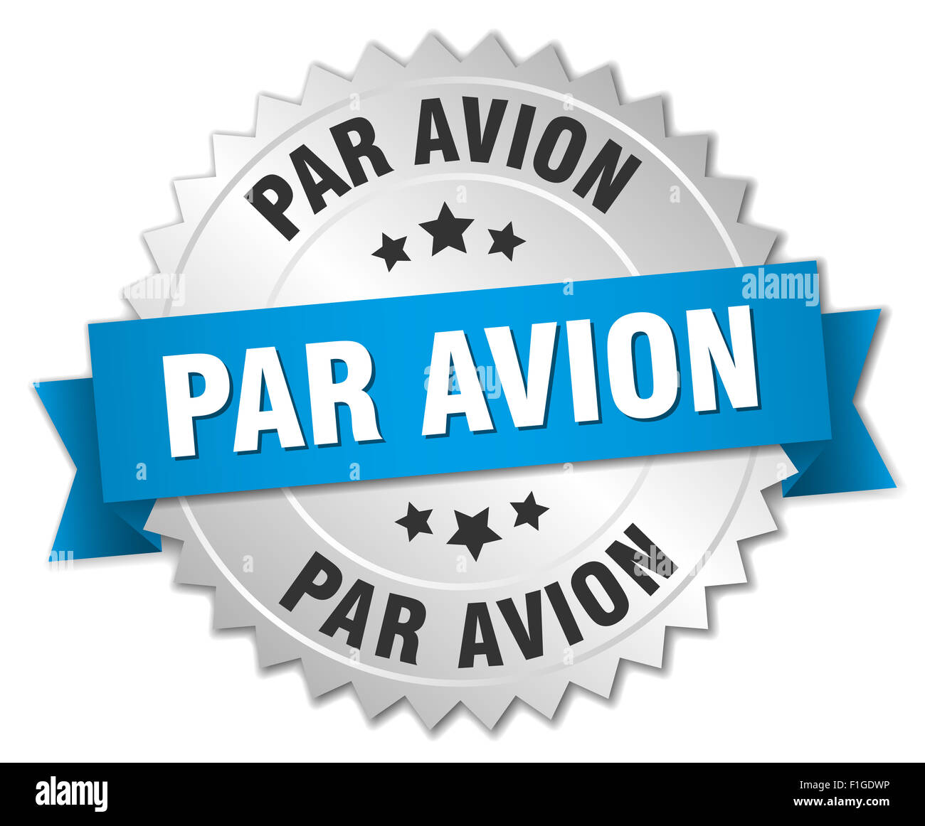 par avion 3d silver badge with blue ribbon Stock Photo - Alamy