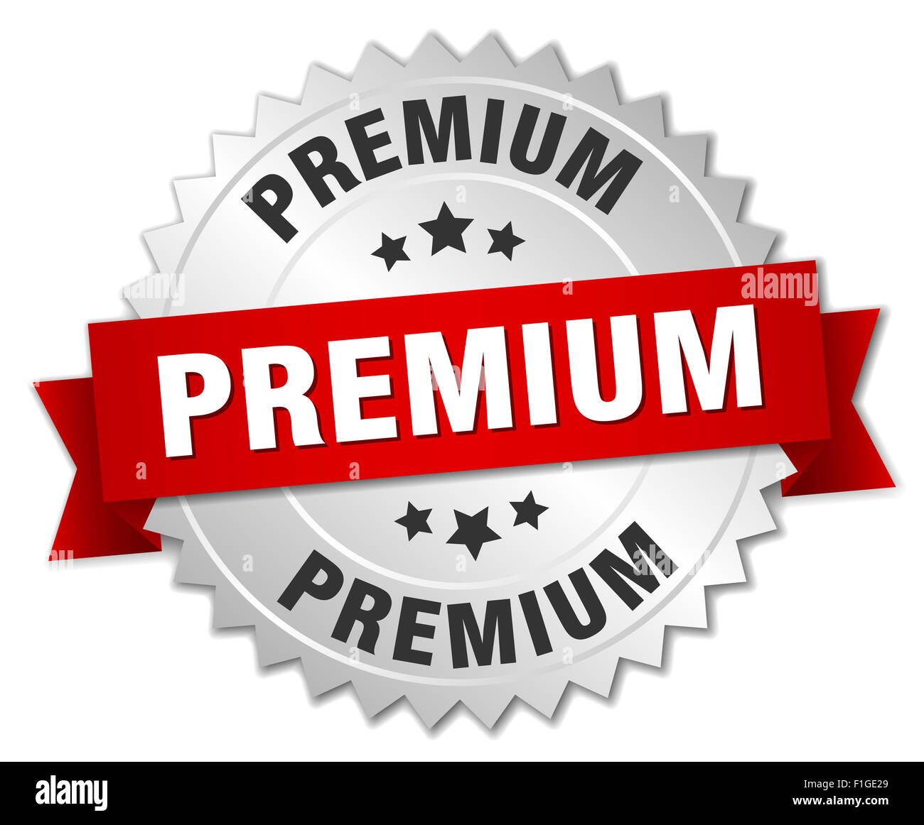 premium 3d silver badge with red ribbon Stock Photo - Alamy