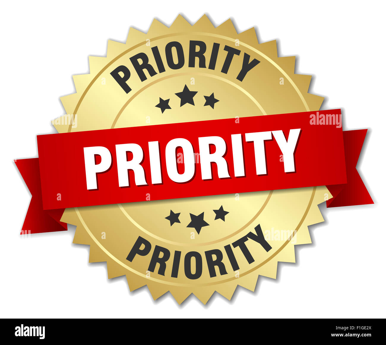 priority 3d gold badge with red ribbon Stock Photo - Alamy