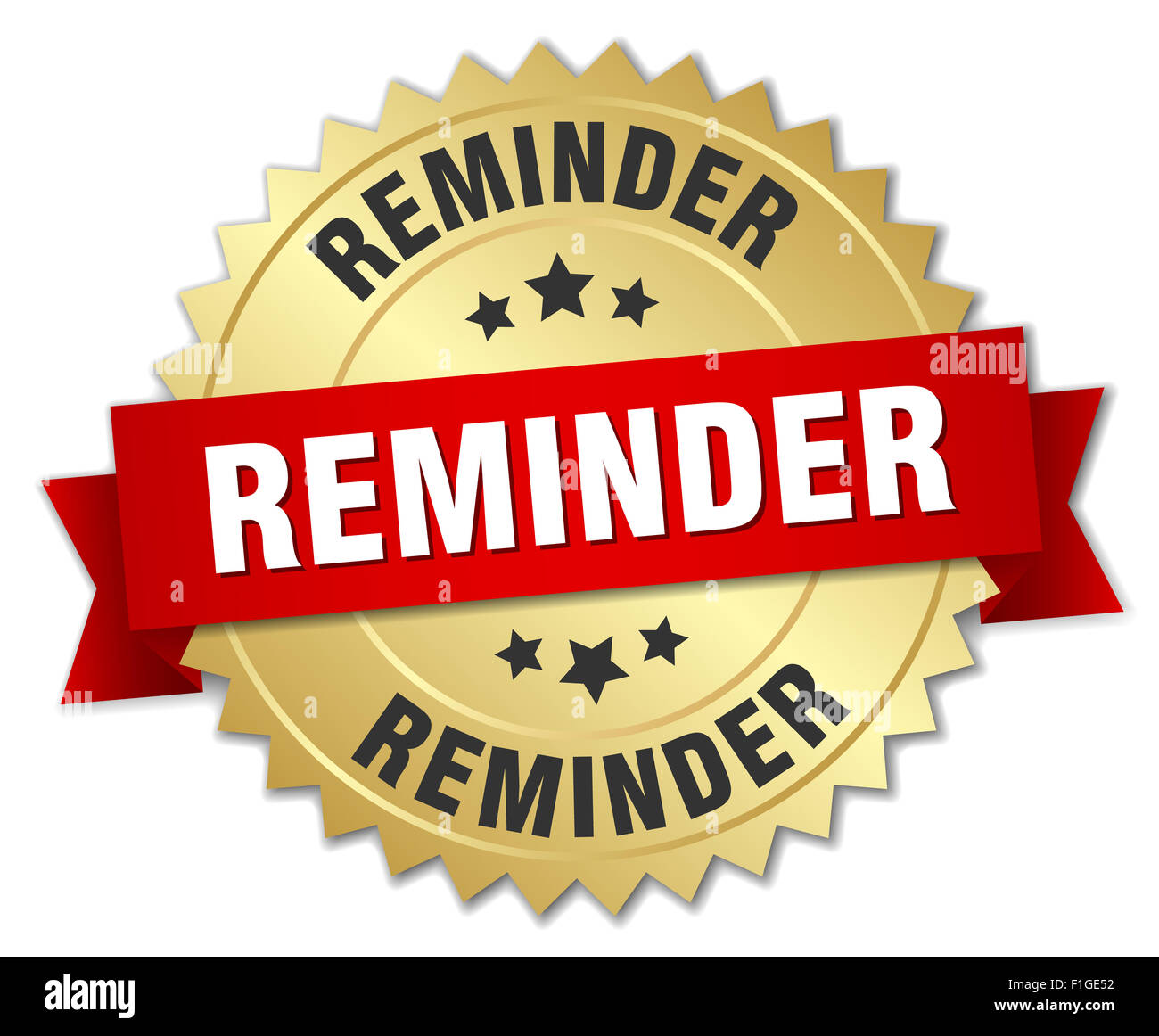 reminder 3d gold badge with red ribbon Stock Photo - Alamy