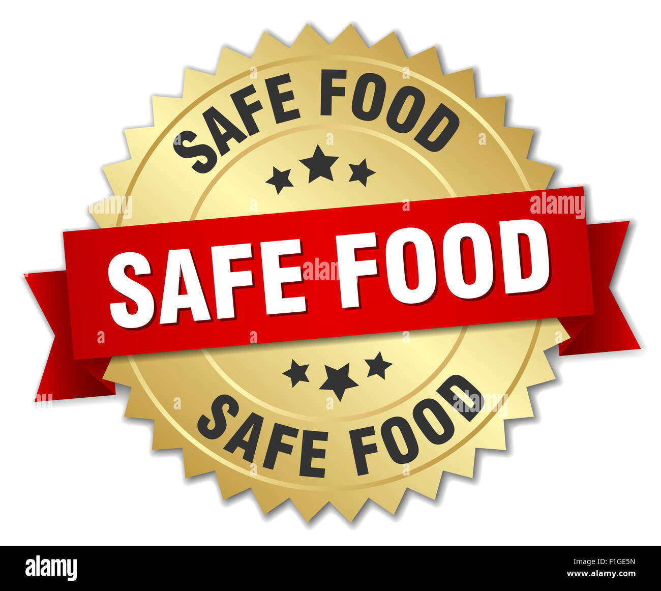 safe food 3d gold badge with red ribbon Stock Photo - Alamy