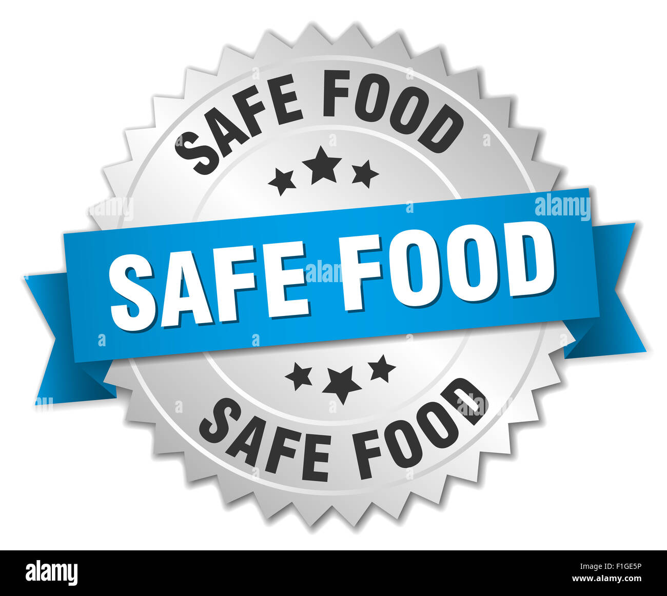 safe food 3d silver badge with blue ribbon Stock Photo - Alamy