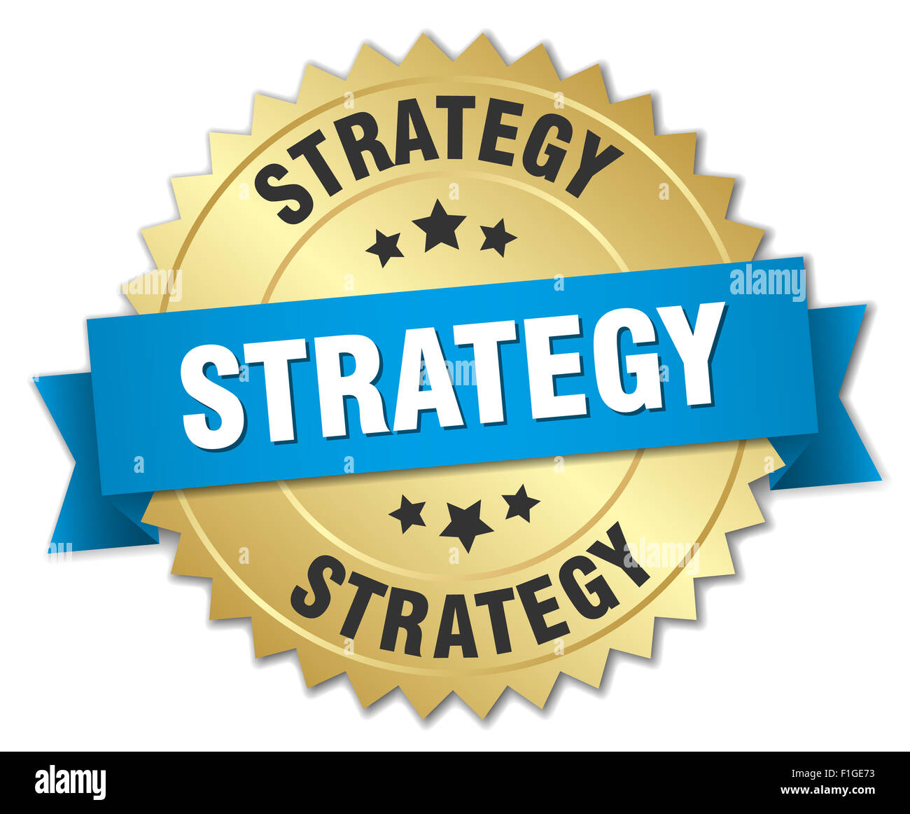 strategy 3d gold badge with blue ribbon Stock Photo - Alamy