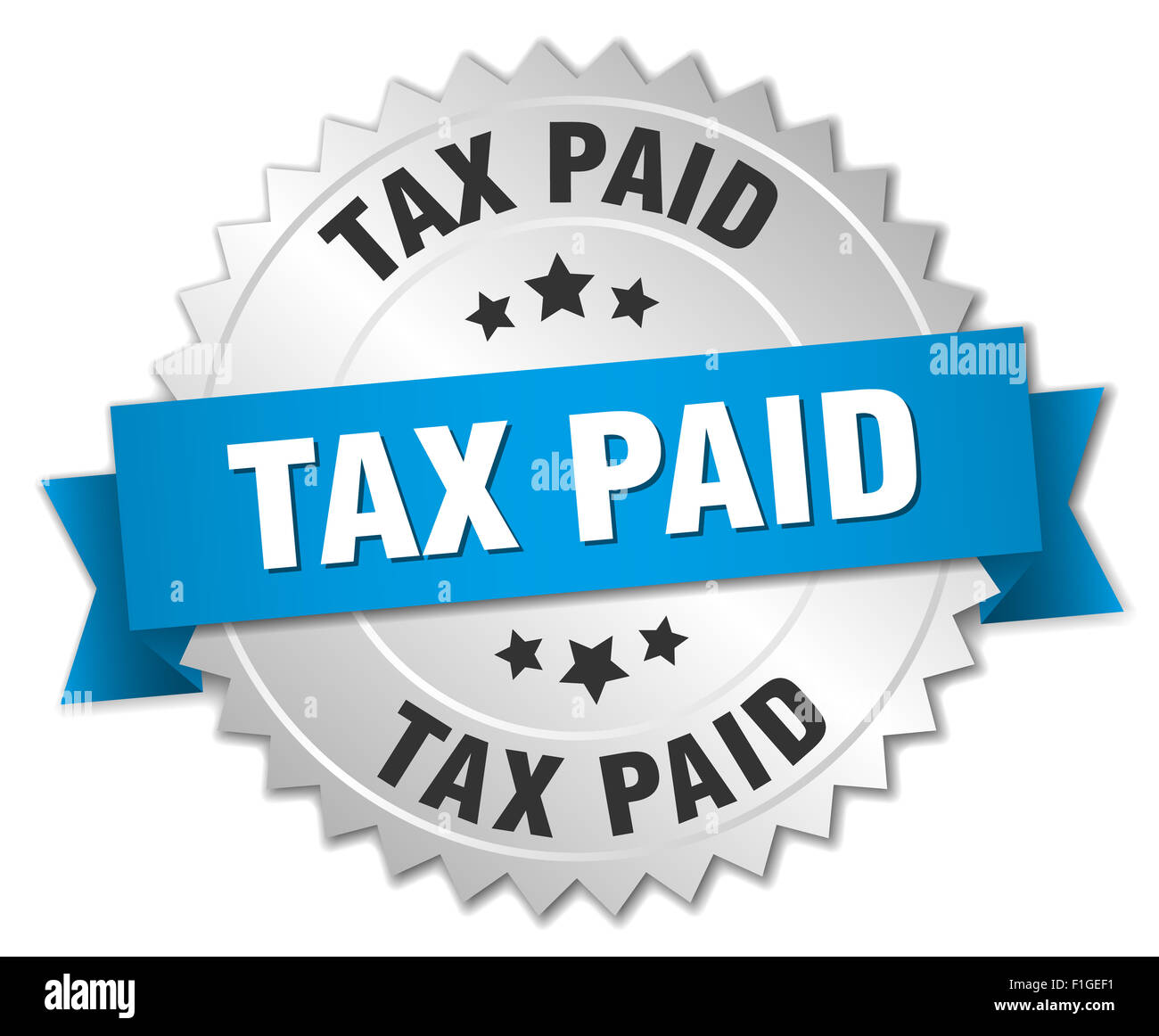 tax paid 3d silver badge with blue ribbon Stock Photo - Alamy