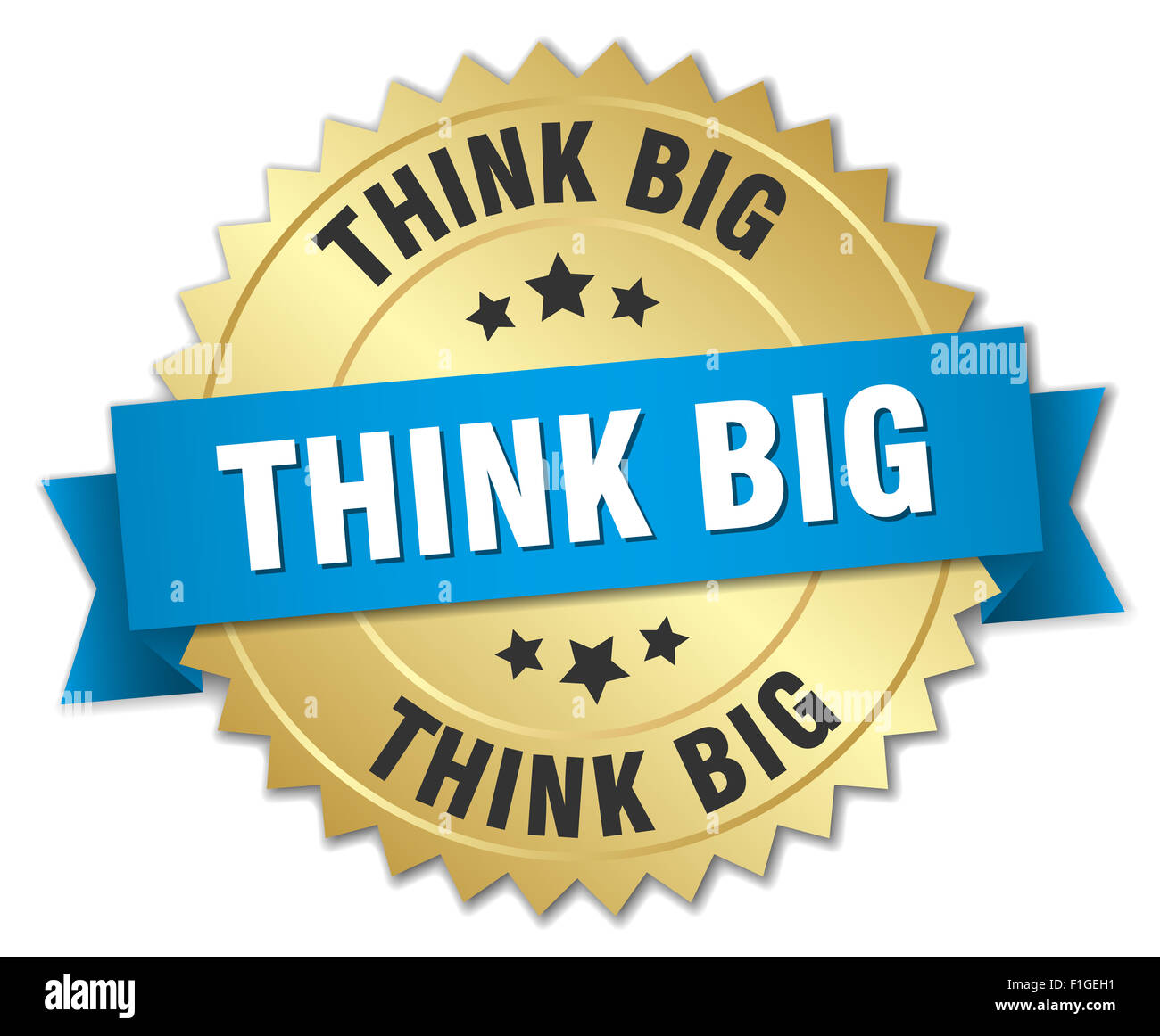 think big 3d gold badge with blue ribbon Stock Photo - Alamy