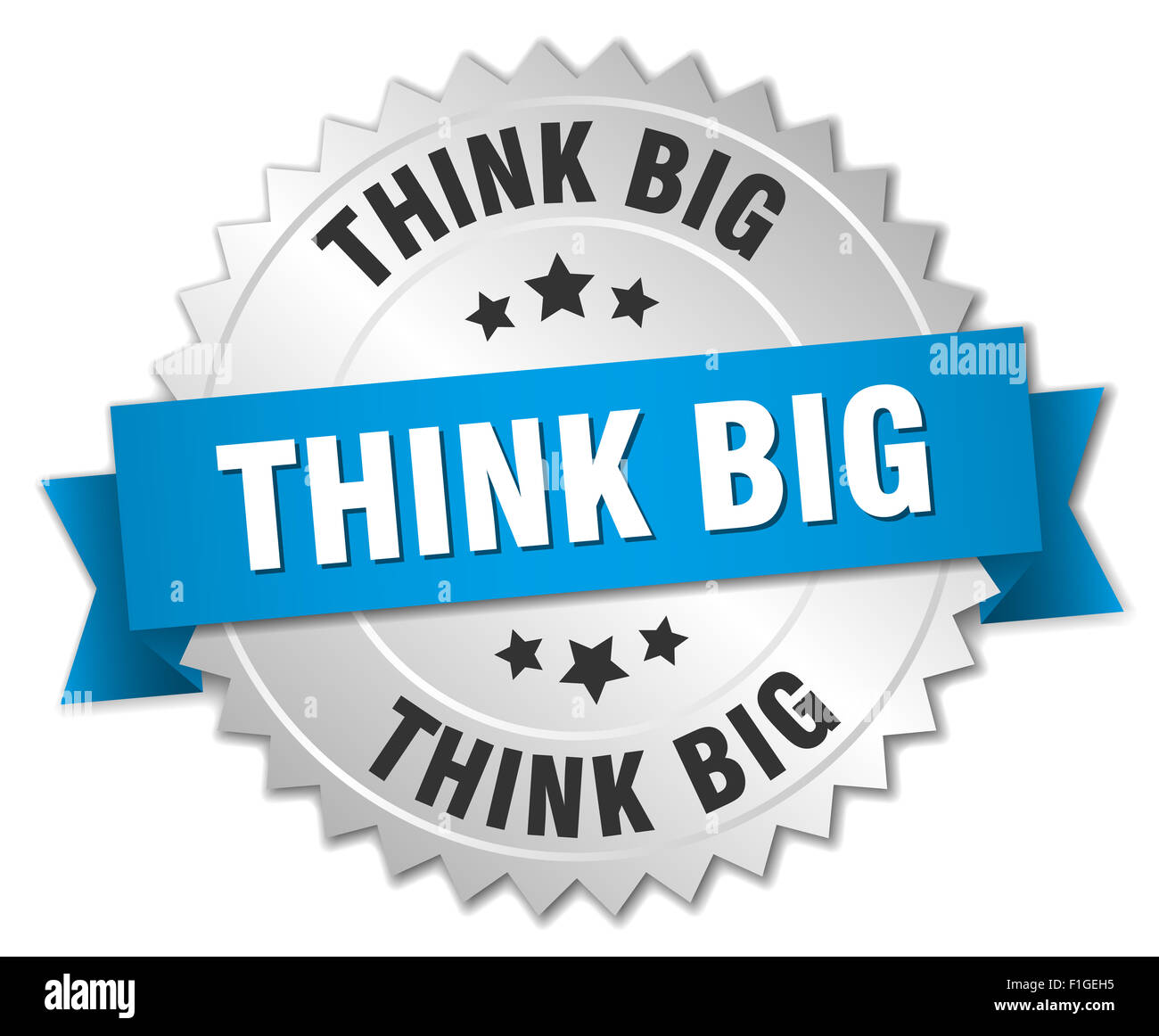 think big 3d silver badge with blue ribbon Stock Photo - Alamy
