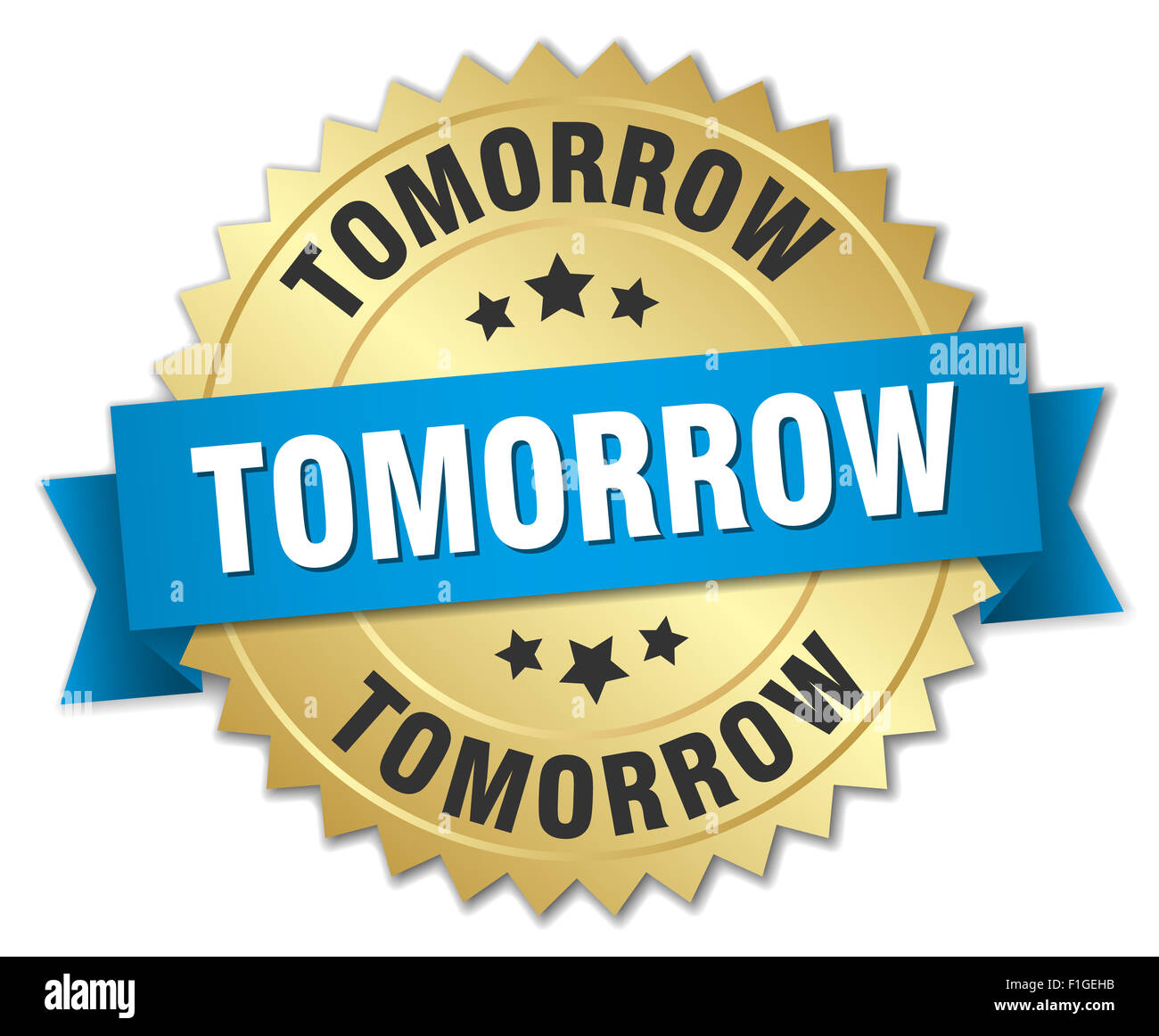 tomorrow 3d gold badge with blue ribbon Stock Photo - Alamy