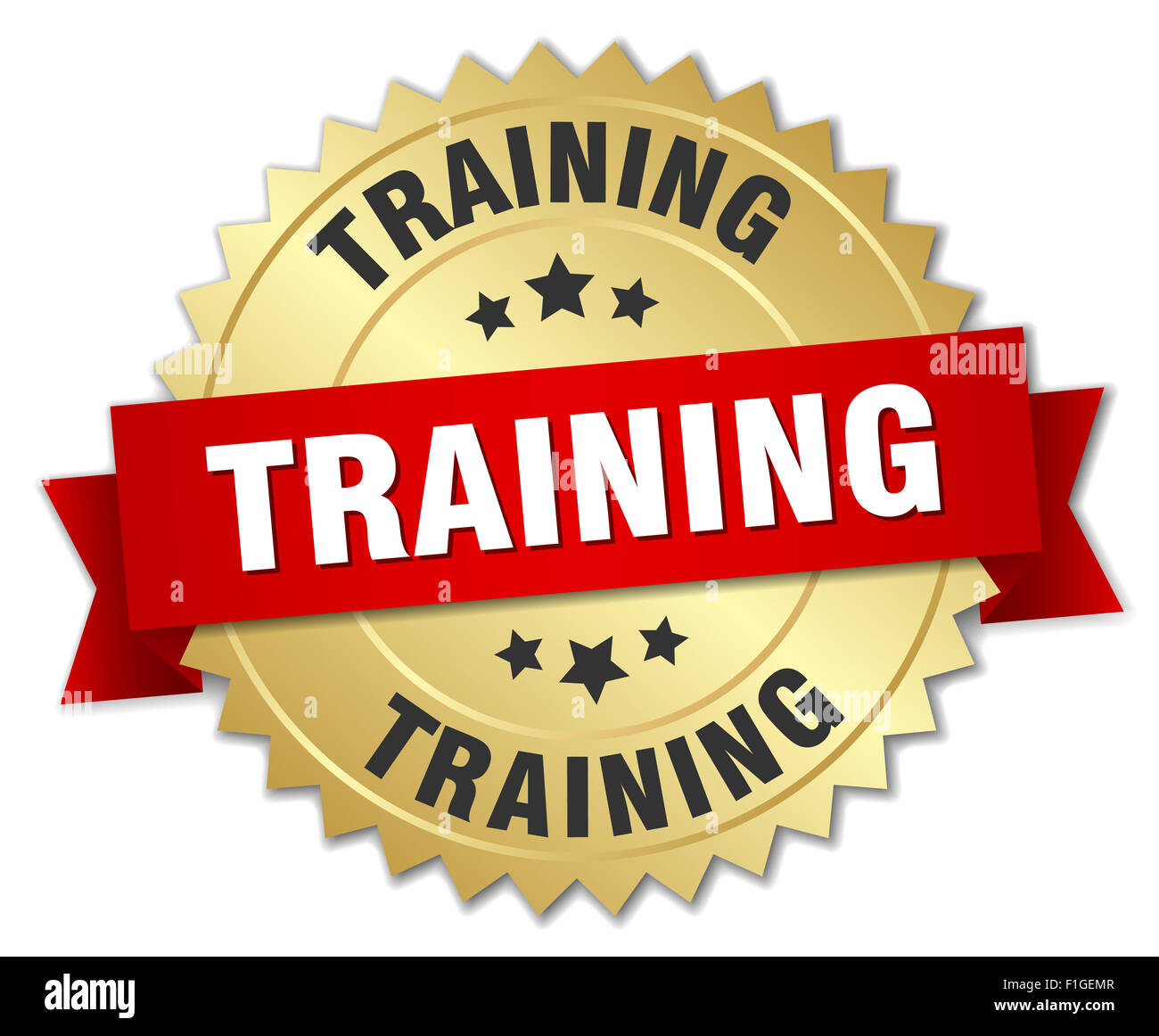 training 3d gold badge with red ribbon Stock Photo - Alamy