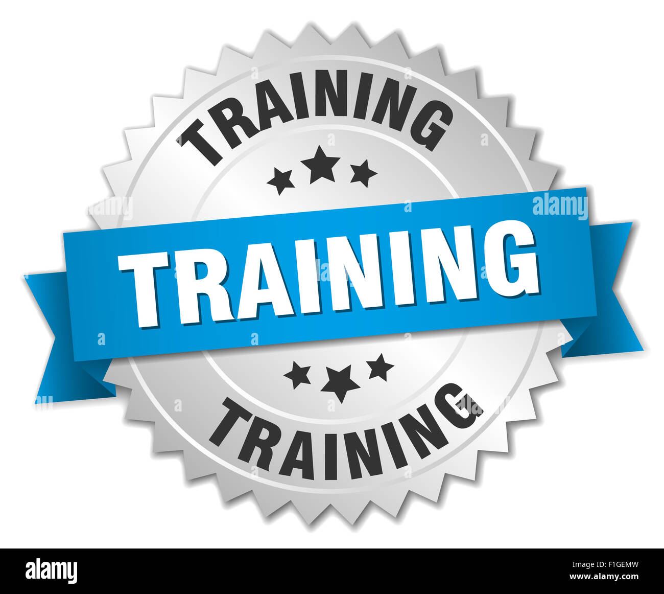 training 3d silver badge with blue ribbon Stock Photo - Alamy