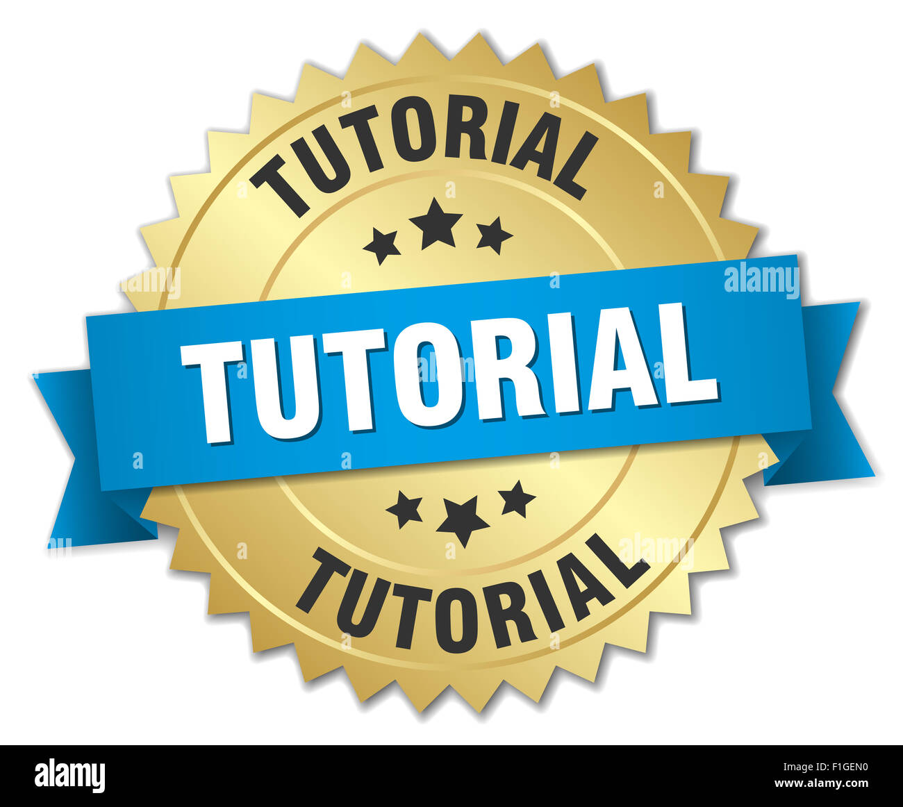 tutorial 3d gold badge with blue ribbon Stock Photo - Alamy