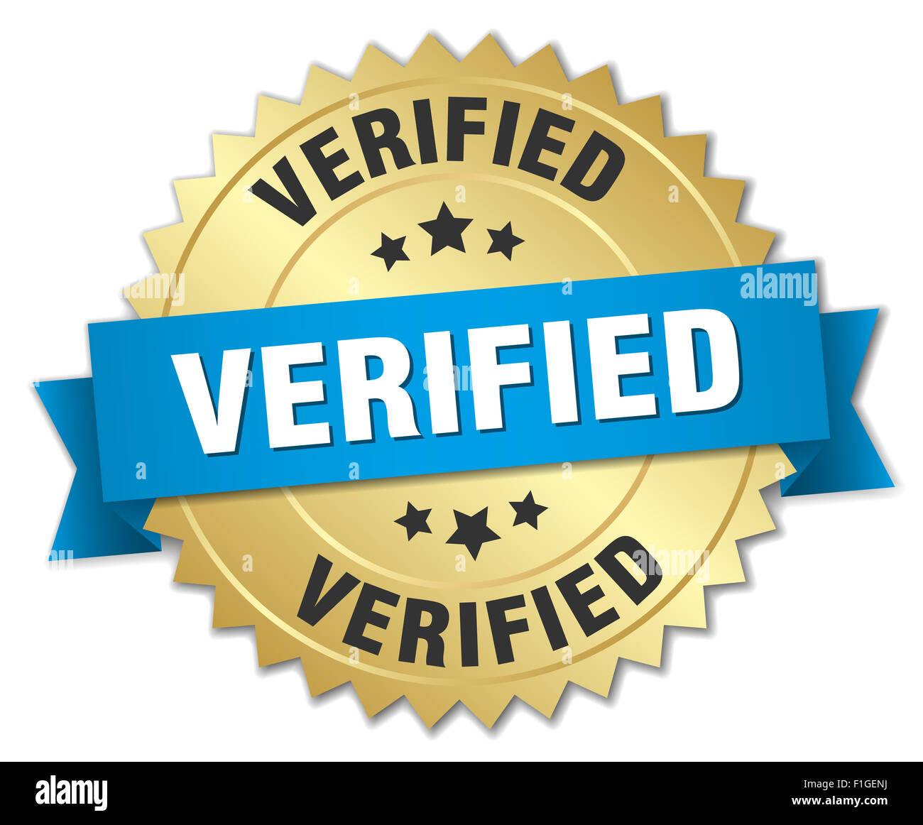 verified 3d gold badge with blue ribbon Stock Photo - Alamy