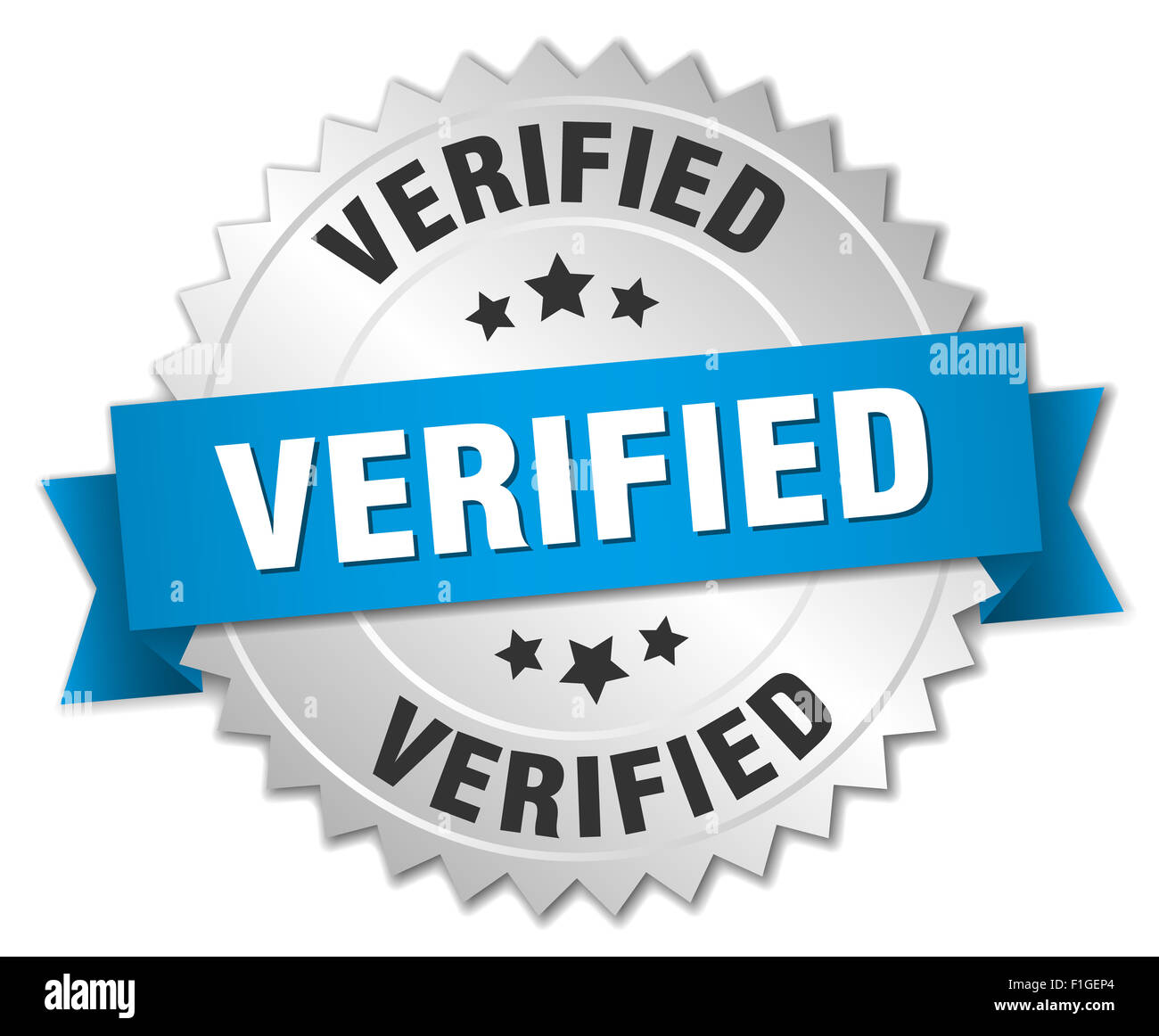 verified 3d silver badge with blue ribbon Stock Photo - Alamy