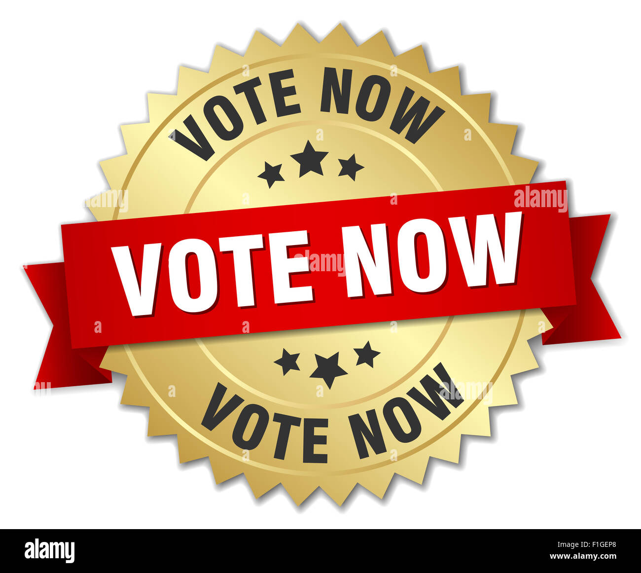 vote now 3d gold badge with red ribbon Stock Photo - Alamy