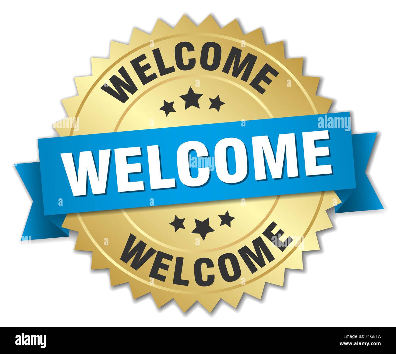 welcome 3d gold badge with blue ribbon Stock Photo - Alamy