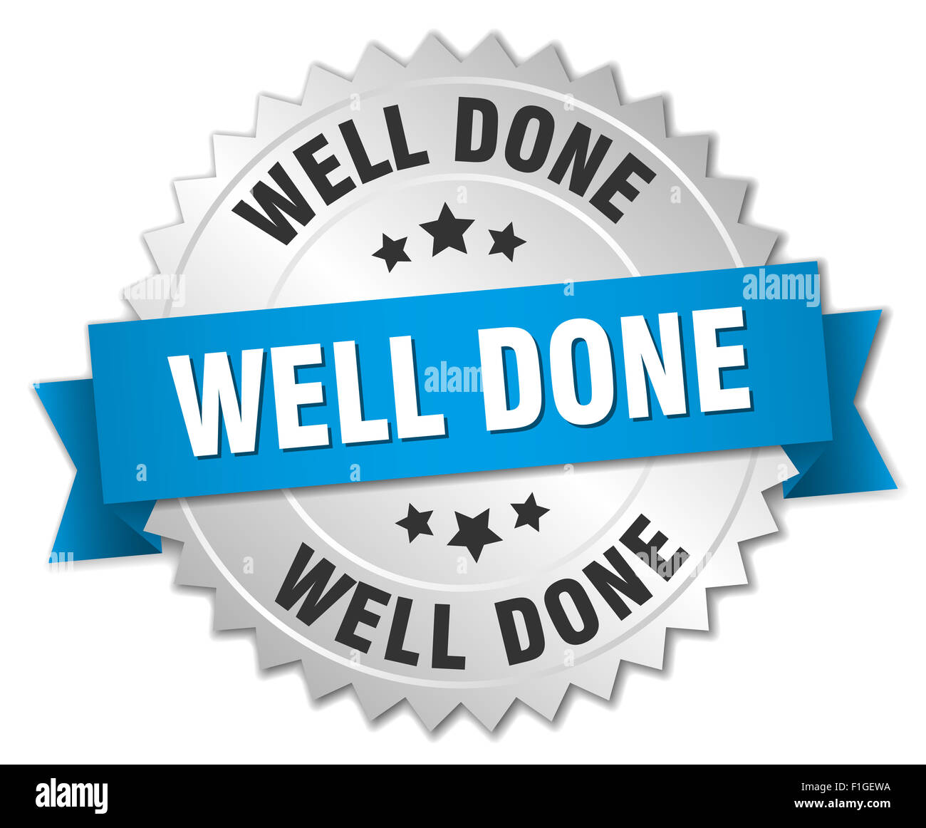 well done 3d silver badge with blue ribbon Stock Photo - Alamy