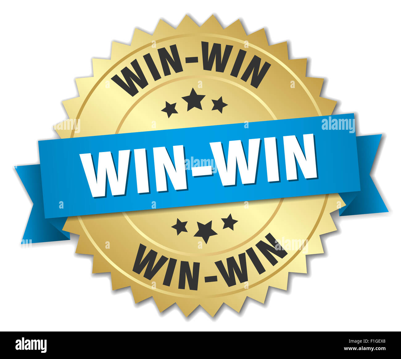 win-win 3d gold badge with blue ribbon Stock Photo - Alamy