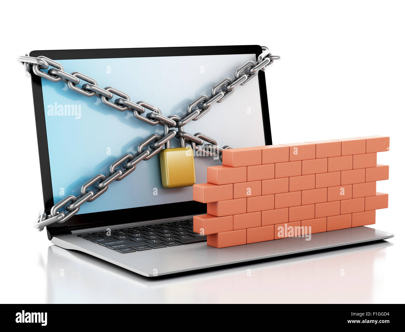 3d renderer image. Laptop with lock, chain and brick wall. Firewall ...