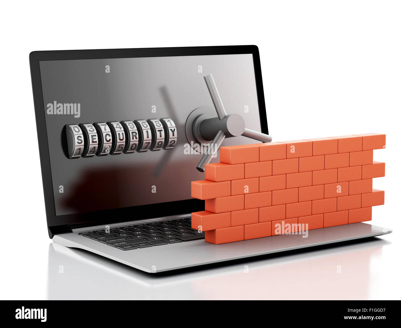3d renderer image. Laptop with combination Lock and brick wall ...