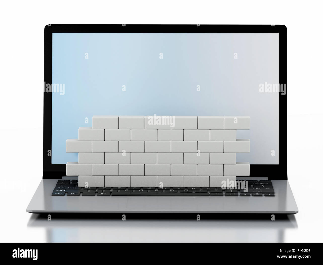 3d renderer image. Laptop with brick wall. Firewall concept. Isolated ...