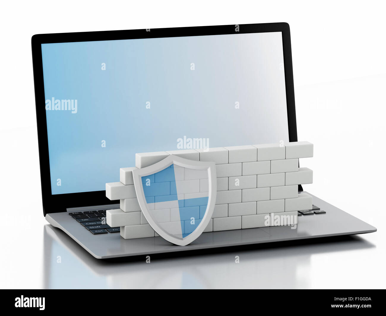 3d renderer image. Laptop with brick wall. Firewall concept. Isolated ...