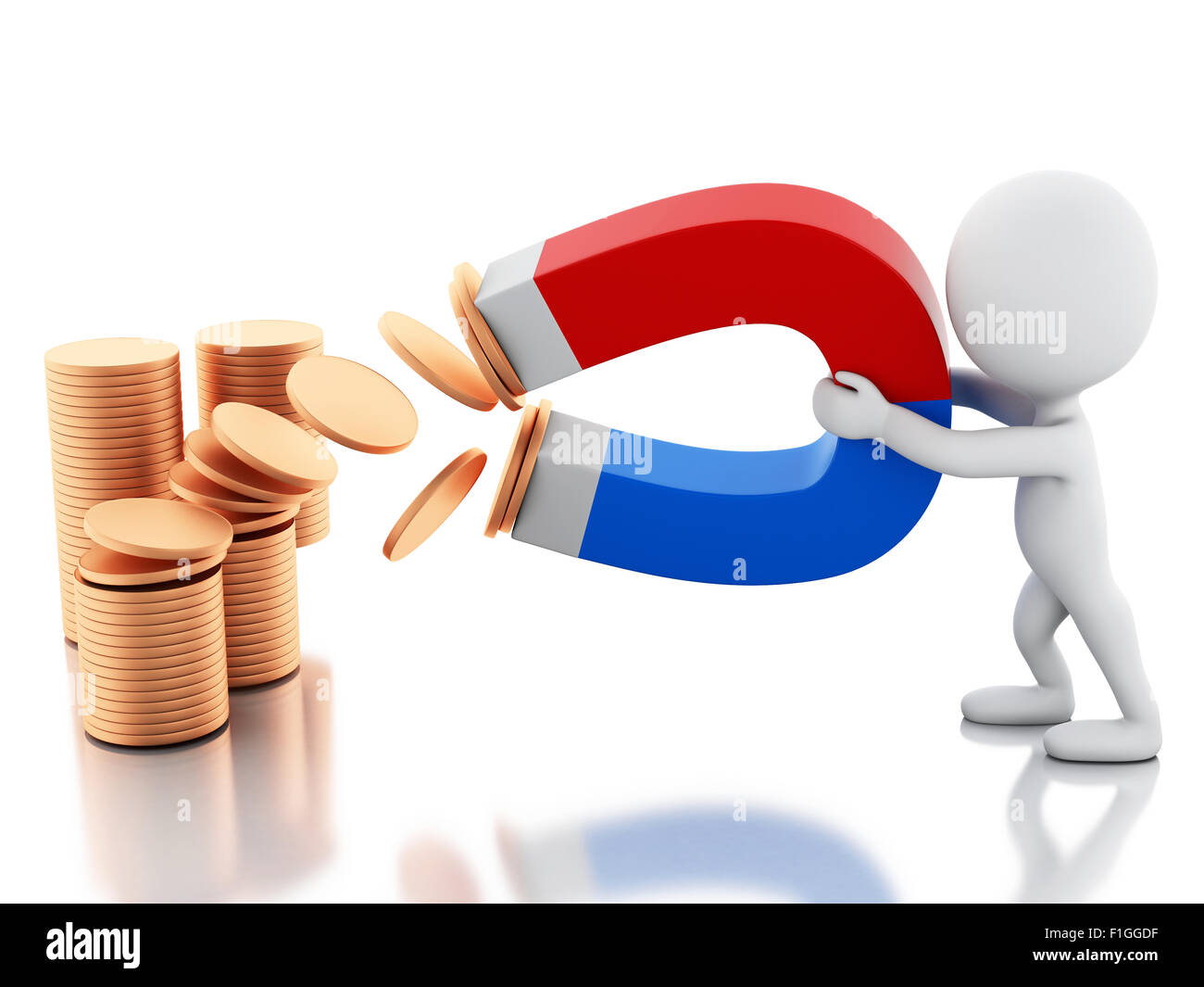 3d renderer image. White people with horseshoe magnet attracting money ...