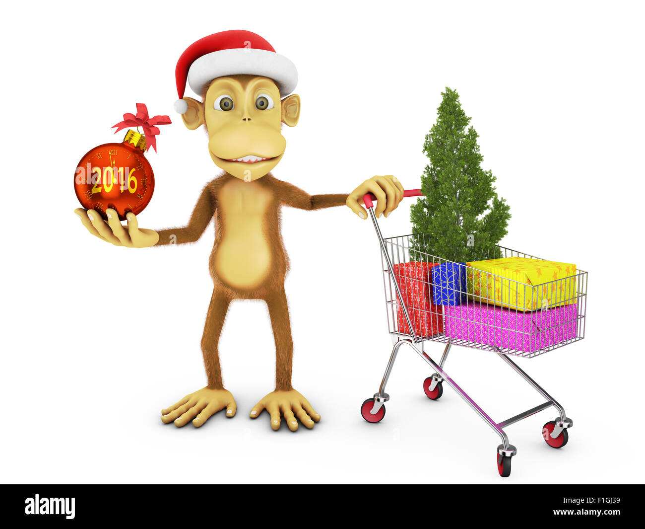 Monkey with cap of Santa and cart with gifts and Christmas tree Stock ...