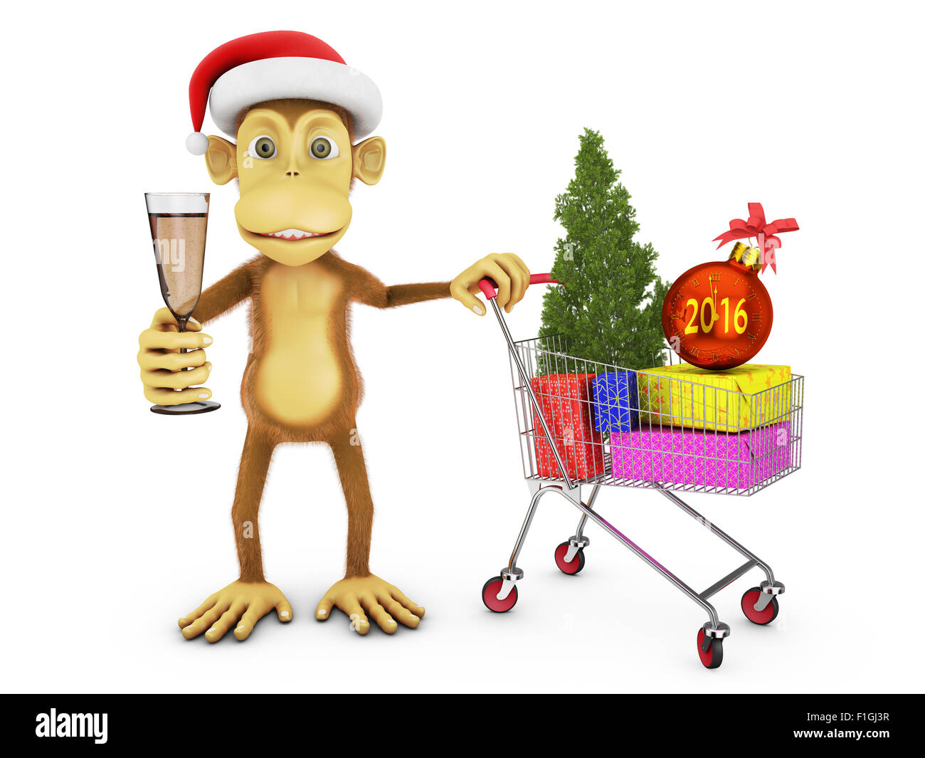 Monkey with cap of Santa and cart with gifts and Christmas tree Stock ...