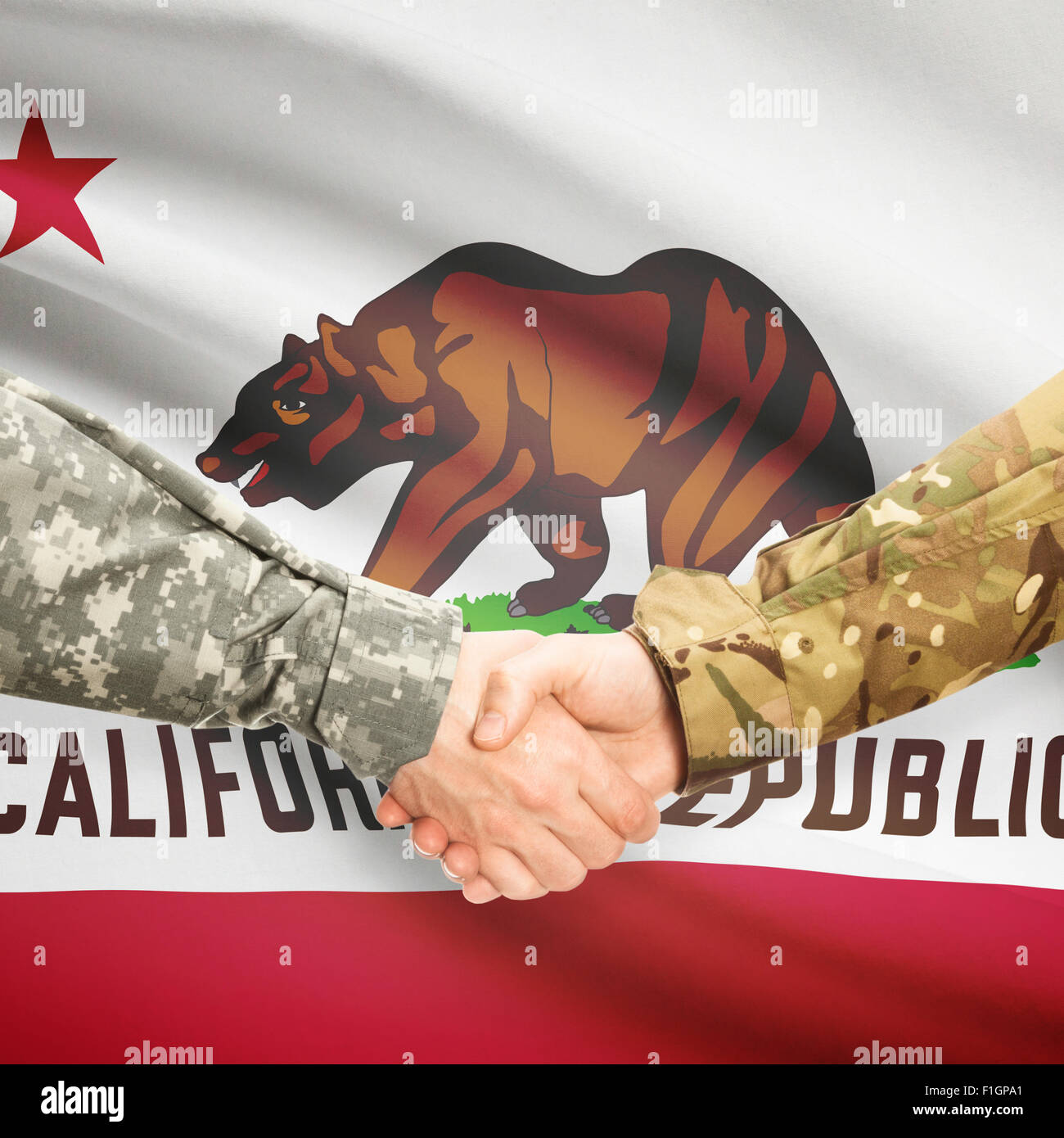 Soldiers handshake and US state flag - California Stock Photo - Alamy