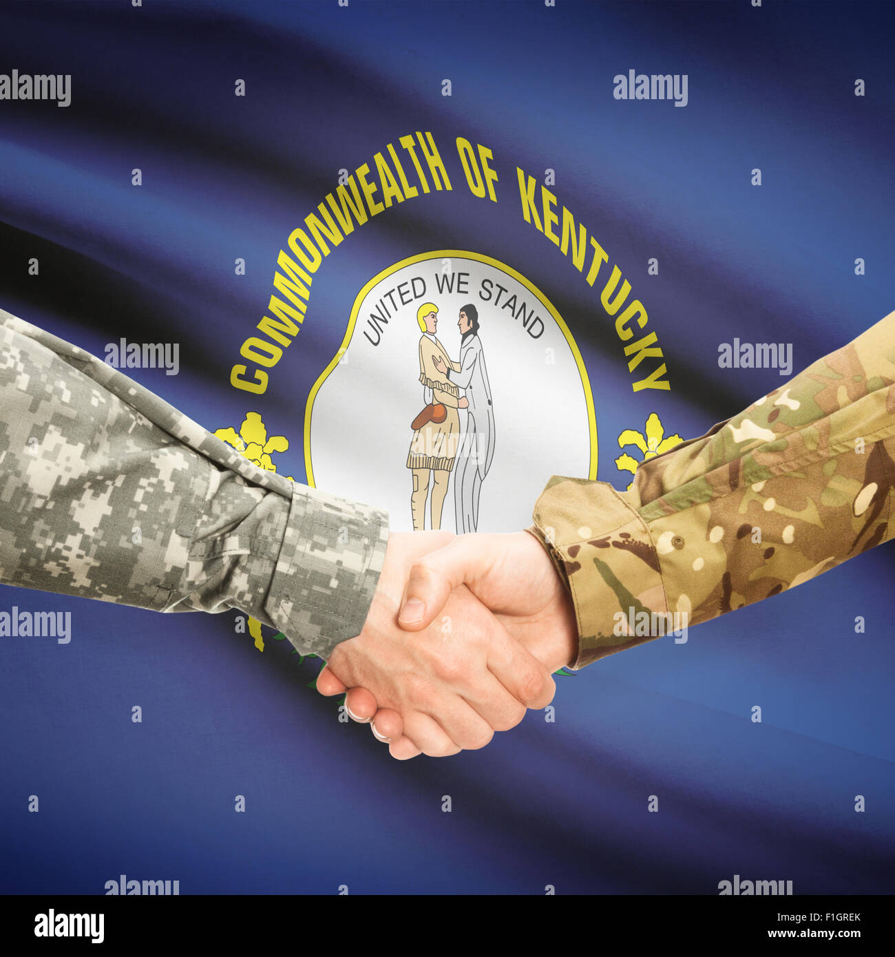 Soldiers handshake and US state flag - Kentucky Stock Photo - Alamy