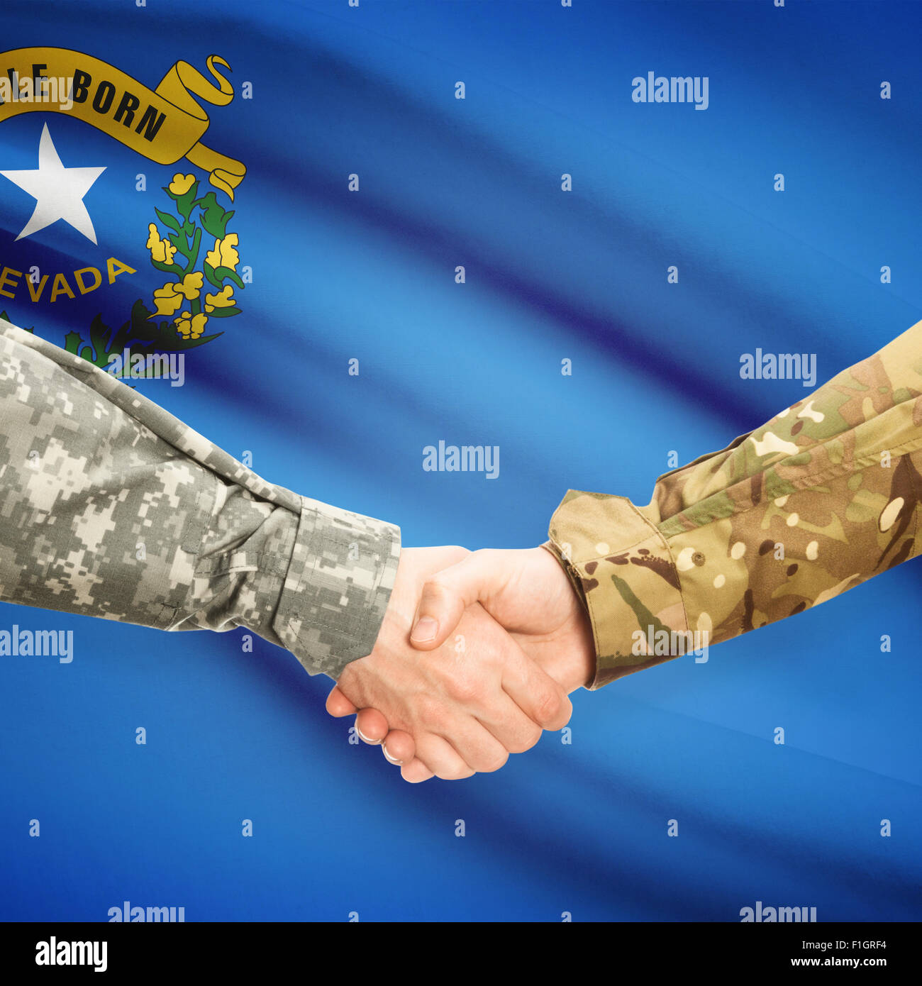 Soldiers handshake and US state flag - Nevada Stock Photo - Alamy