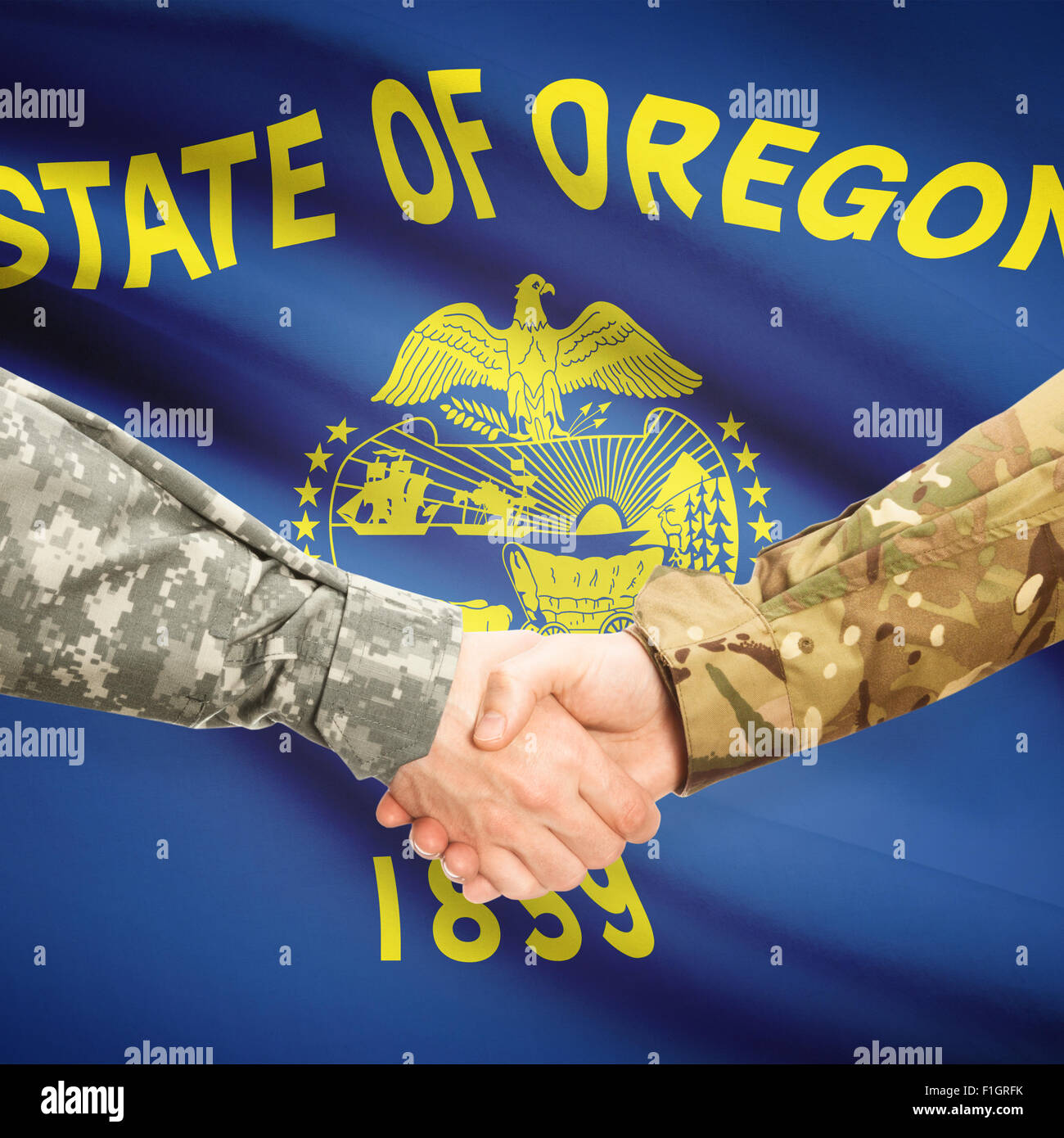 Soldiers handshake and US state flag - Oregon Stock Photo - Alamy