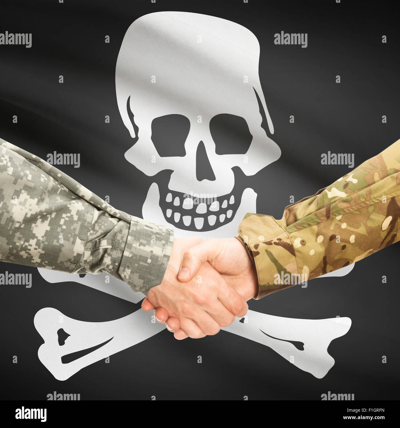 Soldiers handshake with flag on background - Jolly Roger Stock Photo ...
