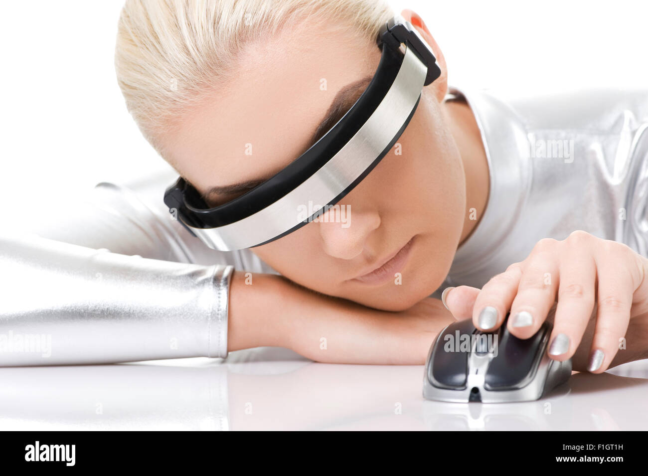 Beautiful cyber woman with computer mouse isolated on white background ...