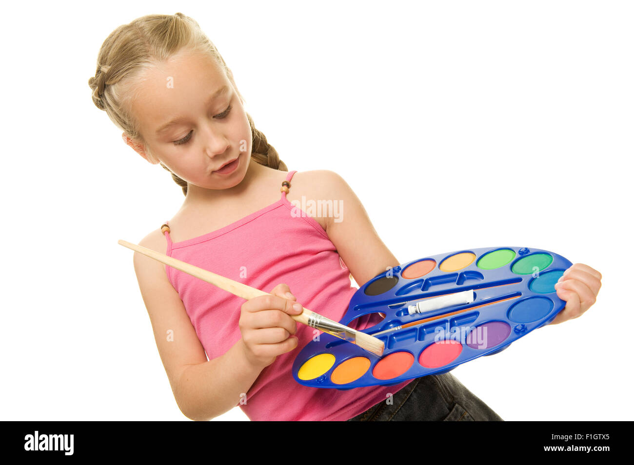 Beautiful little girl with a paintbrush, Isolated on white Stock Photo ...