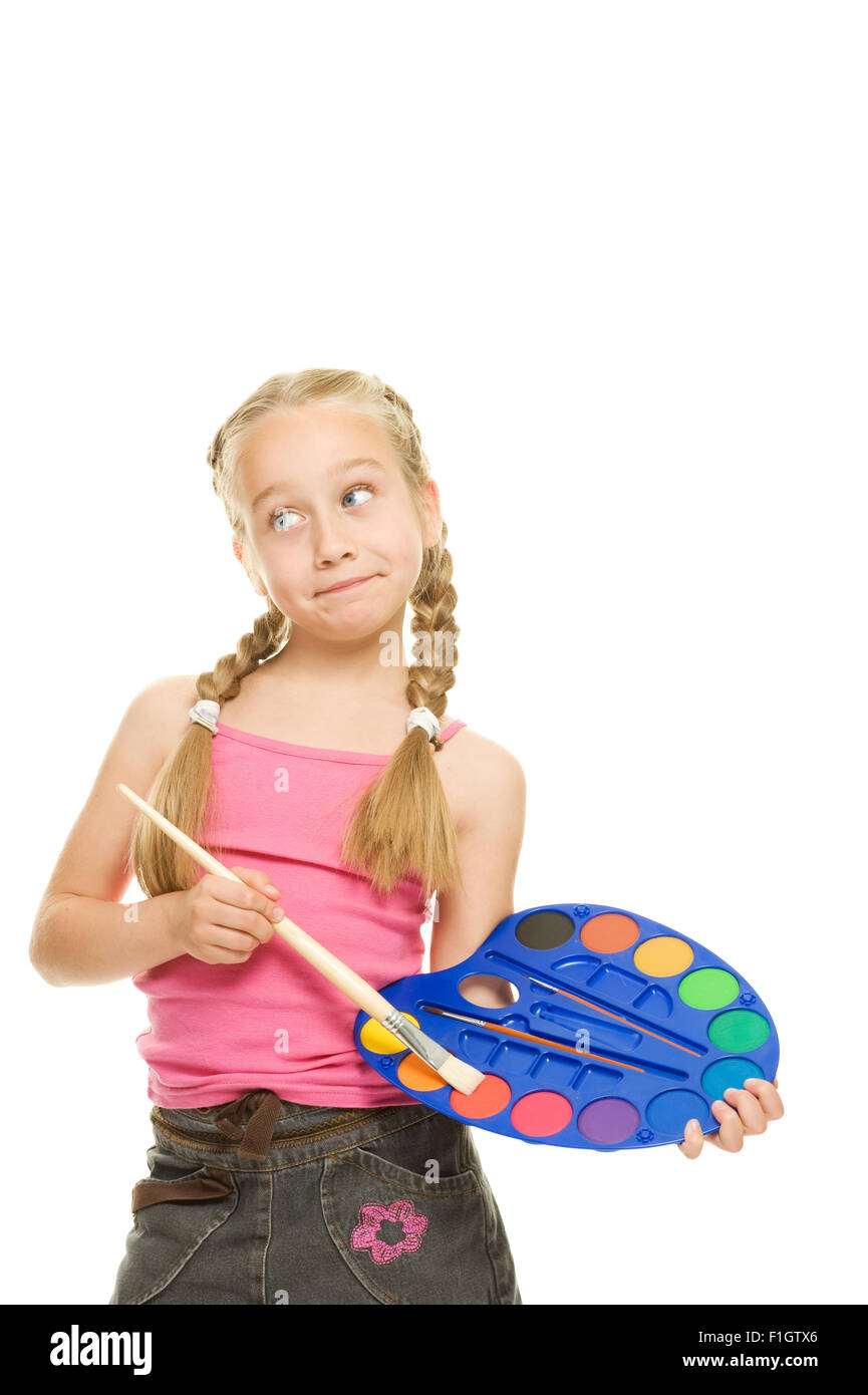 Beautiful little girl with a paintbrush, Isolated on white Stock Photo ...