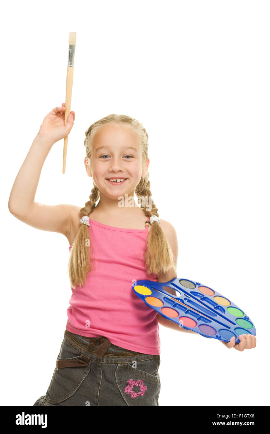 Beautiful little girl with a paintbrush, Isolated on white Stock Photo ...