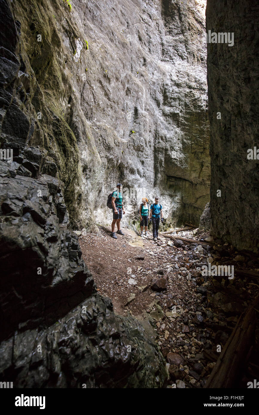 Family of tourists standing in a huge cave, Cetatile Radesei, Romania ...
