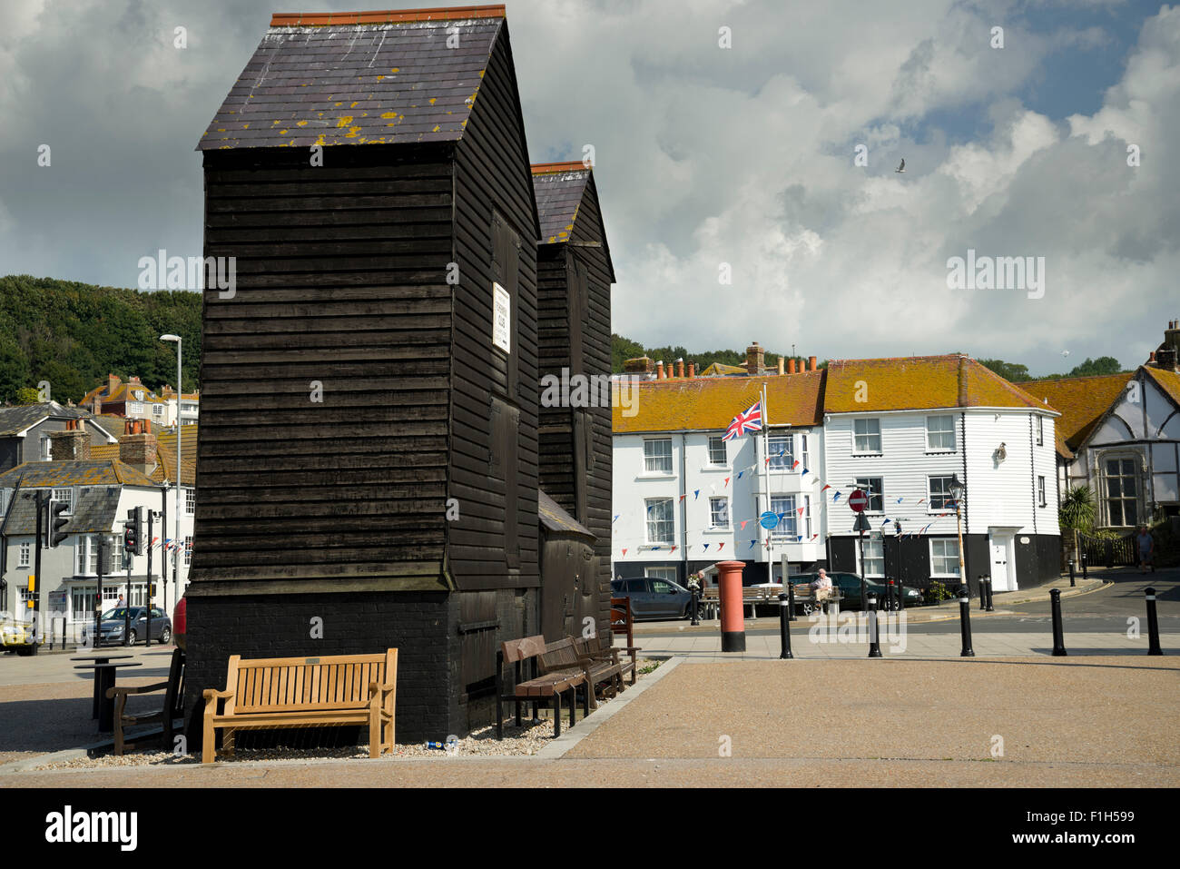 Net Shops on Hastings beach in Sussex. These tall wooden sheds are used ...
