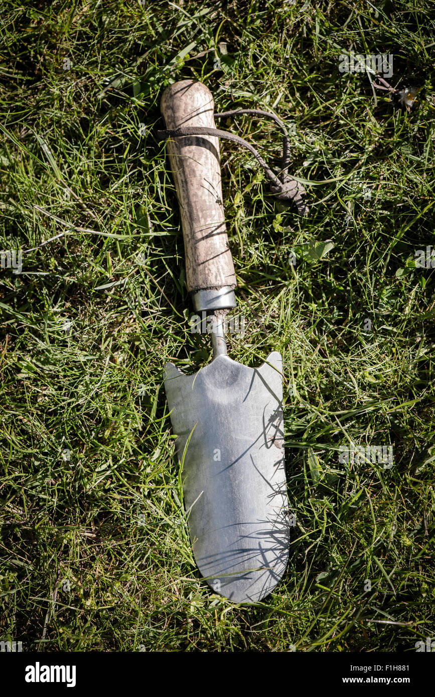 Close up of small garden spade with wooden handle lying on grass Stock ...