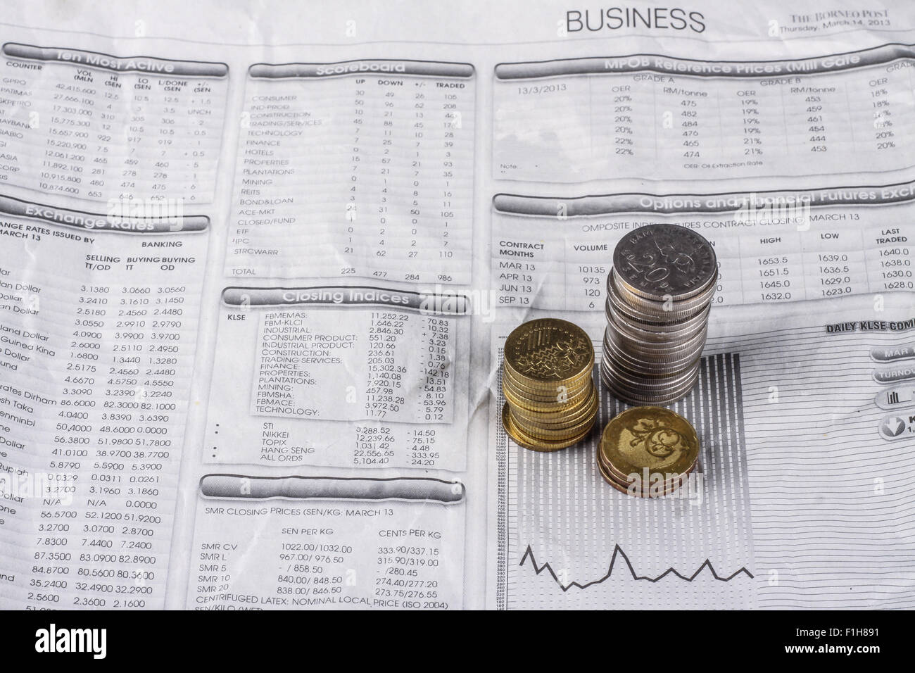 coins with newspaper background. close-up Stock Photo - Alamy